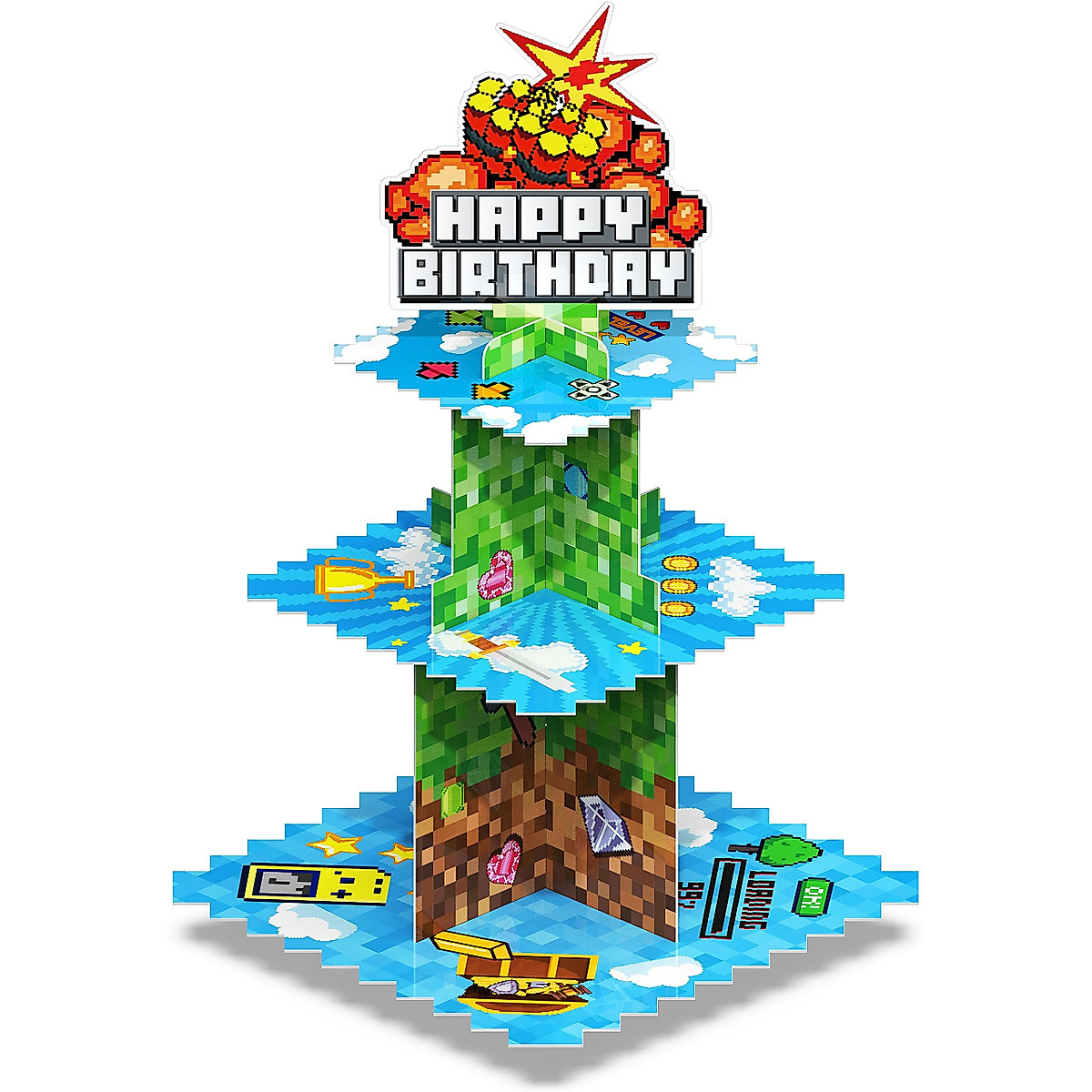 3-Tier Pixel Game Style Cupcake Stand,Mining Birthday Party Decoration Cardboard Cupcake Stand, Dessert Holder Display for Birthday Party Supplies