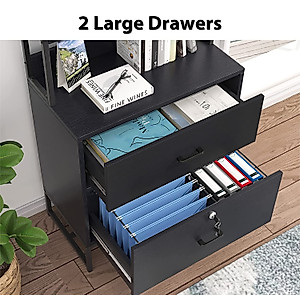 Jehiatek File Cabinets for Home Office with Lock 2 Drawer, Office Organization and Storage, Large Vertical Filing Cabinet with Bookshelf, Sturdy, Durable, Easy to Assemble and Clean (Black)