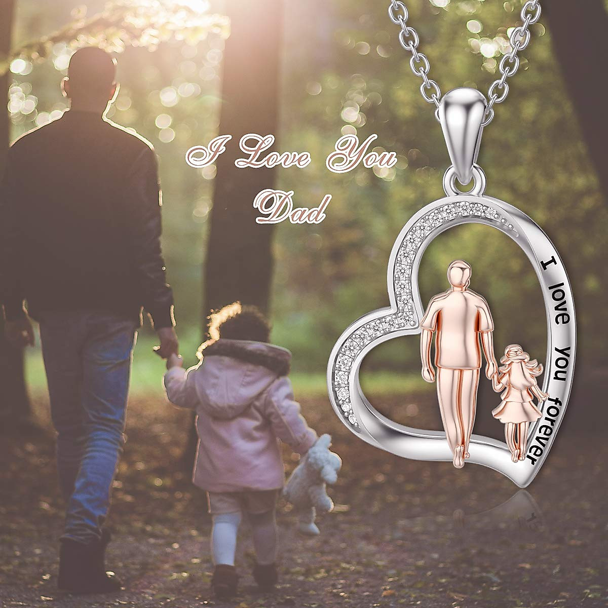 PROESS S925 Sterling Silver Daughter Heart Pendant Necklace from Dad Mom I Love You Forever Jewelry (Father Daughter Necklace)