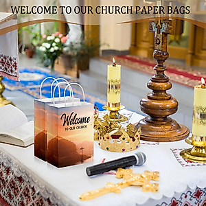 Chuangdi 50 Pcs Church Welcome Bags 5.91 x 3.15 x 8.27 Inches Religious Gift Bags Welcome to Our Church Paper Bags with Handles for Hotel Birthday Bulk Baptism Guest Party Favor Supplies (Landscape)