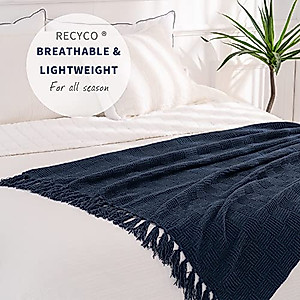 RECYCO Chenille Throw Blanket for Couch, Soft Cozy Knit Throw Blankets with Tassels, Woven Chenille Throw Blanket Knitted Blanket for Bed Sofa Chair, 50 x 60 Inches, Navy Blue, Laundry Bag Included