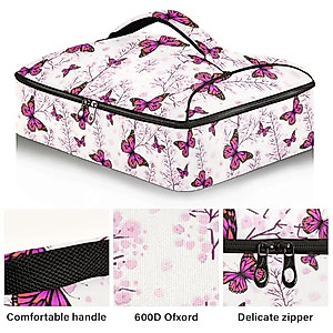 Kcldeci Insulated Thermal Food Carrier Insulated Casserole Carrier for Hot or Cold Food,Small Pink Flowers with Butterflies Insulated Tote Bag for Potluck Cookouts Parties Picnic,Lasagna Lugger
