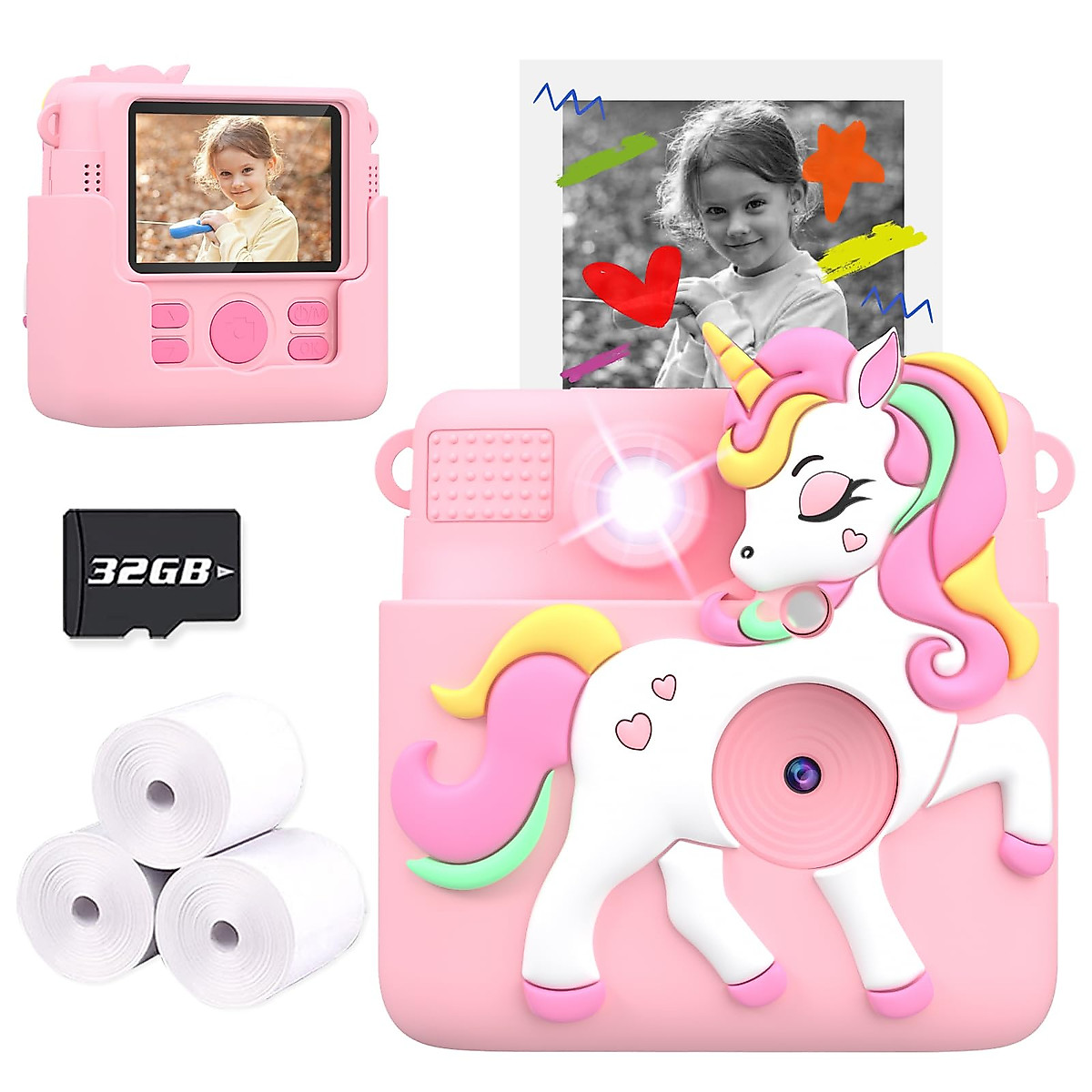 Sueseip Kids Instant Print Camera, 2.4 Inch Screen 1080P Kids Camera for Girls with Flash, Christmas Birthday Gifts for Girls 3 4 5 6 7 8 9 10 Year Old with 3 Rolls of Photo Paper and a 32G Card