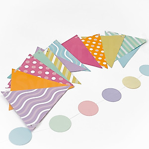 PapaKit Paper Pennant Bunting Banner and Circle Garland Decoration Set Kids Adult Party Supply ( Pastel Rainbow Colors - 2 Piece Set)