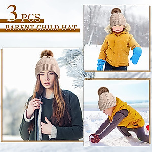 3 Pcs Parent Child Hat Knitted Baby Beanie Mother Daughter Hat Warm Knit Hat Pom Pom Parent Baby Beanie Hats for Winter (Beige)