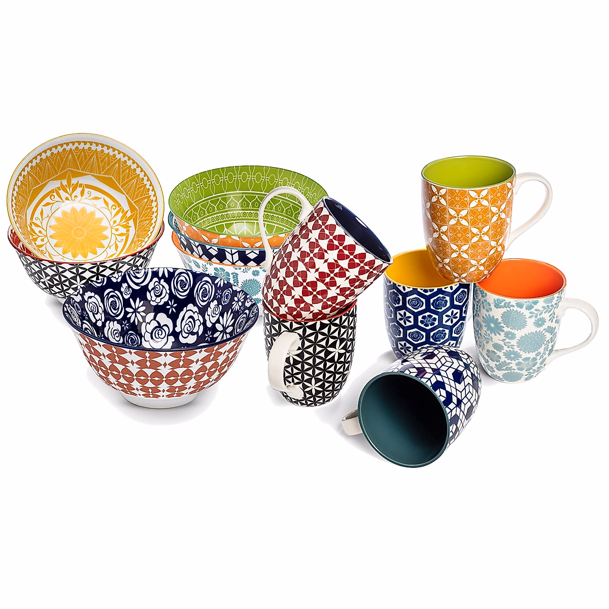 Annovero Mugs, Cereal Bowls. Cute and Colorful Porcelain Dishes for Kitchen, Microwave and Oven Safe. Bundle
