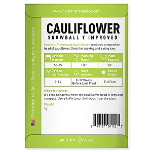 Cauliflower Seeds for Planting - (Snowball Y Improved) is A Great Heirloom, Non-GMO Vegetable Variety- 1 Gram Seeds Great for Outdoor Spring, Winter and Fall Gardening by Gardeners Basics