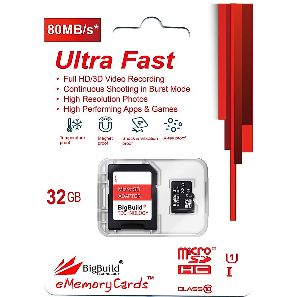 eMemoryCards 32GB Ultra Fast 80MB/s microSDHC Memory Card For Kodak PIXPRO WPZ2, Kodak PRINTOMATIC Camera