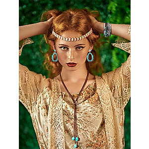 Inbagi 3 Pcs Western Jewelry for Women Bohemian Set, Boho Pendant Long Choker, Faux Leather Layered Bracelet, Dangle Earrings(Elegant Style)