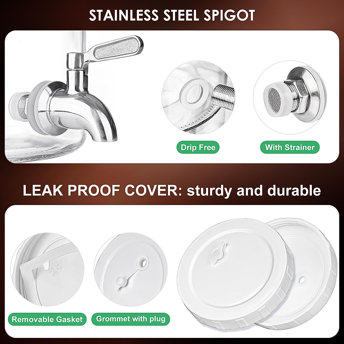 Qianfenie 1 Gallon Cold Brew Coffee Maker - Mesh Filter - Stainless Steel Spigot - Wide Mouth Beverage Dispenser w 100% Airtight Screw Lid - Glass Cold Brew Drink Dispenser with Capacity Mark