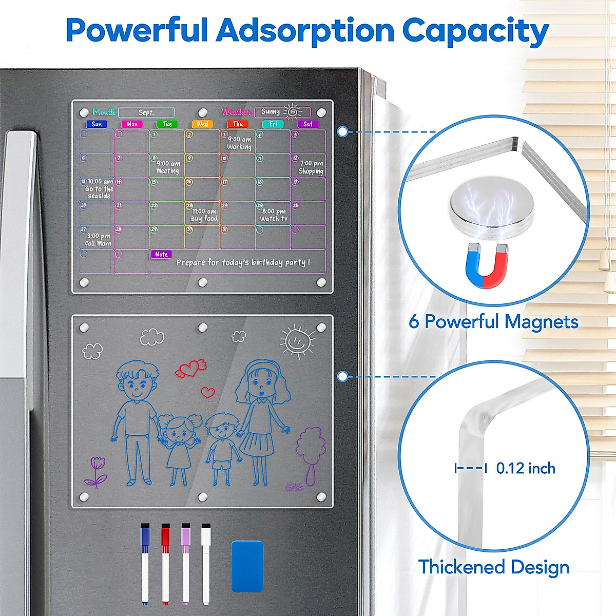 D-FantiX Clear Magnetic Calendar for Fridge, 6 Thickened Magnets Acrylic Dry Erase Board for Refrigerator, Set of 2 Family Monthly Weekly Planning Boards, Reusable Calendar and Blank Memo (15"x11")