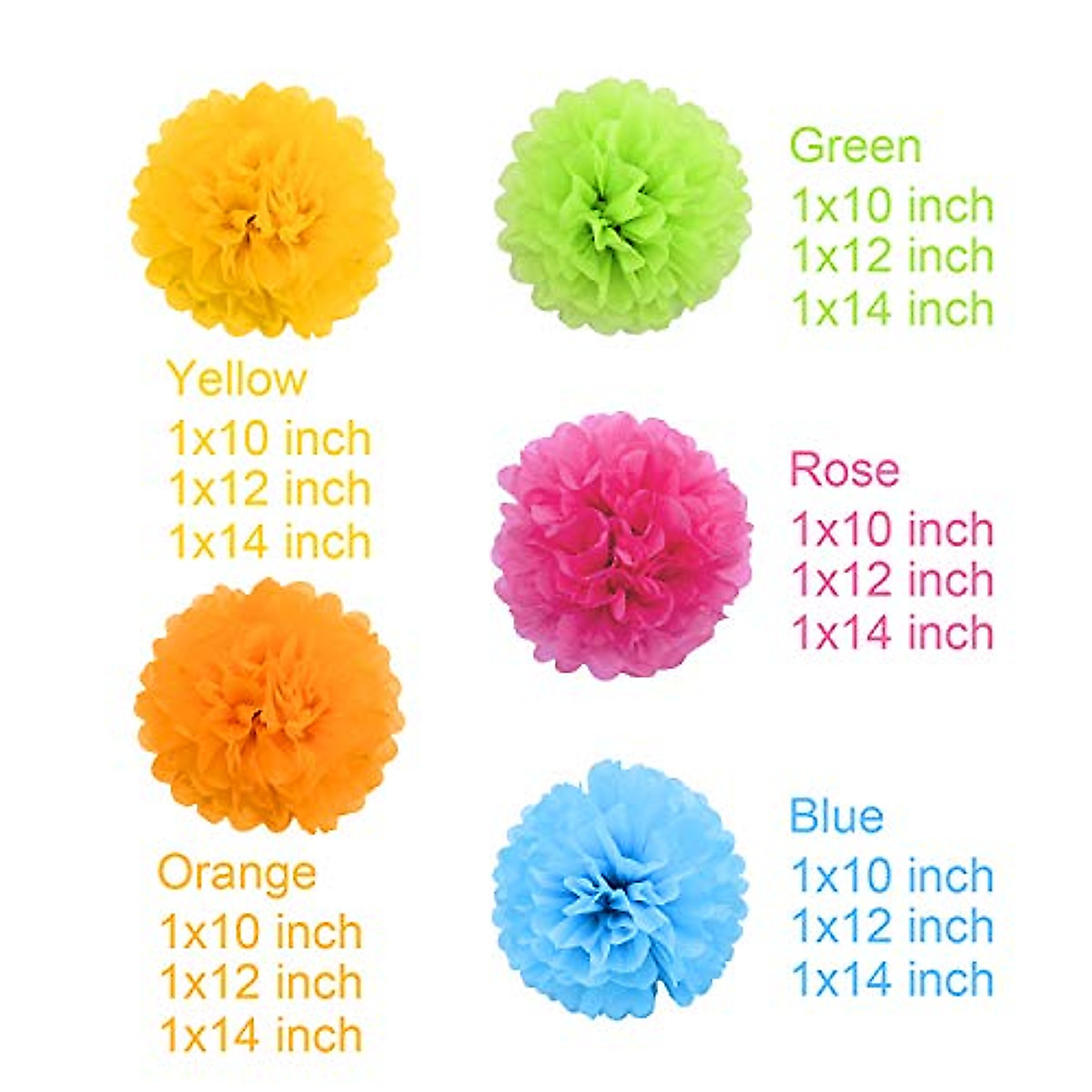 Livder Paper Flowers Bright Colorful Tissue Paper Pom Poms for Party Birthday Wedding Christmas Festive Decorations, 15 Pieces of 10, 12, 14 Inch