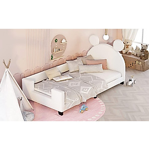 Harper & Bright Designs Twin Size Upholstered Daybed with Carton Ears Shaped Headboard for Kids Boys Girls, White