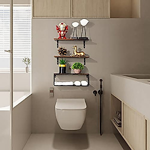 Floating Shelf ,Floating Shelves Wall Mounted Set of 3 ,Solid Wood Floating Shelves with Brackets and Basket Set,Rustic Wood Wall Shelves for Kitchen Living Room,Bedroom Shelves,Bathroom Shelf (Black)