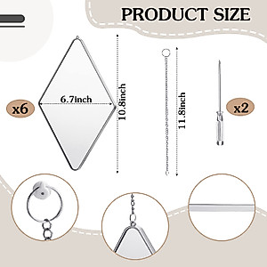 6 Pack Mirror Wall Decor Set with 2 Screwdriver Diamond Hanging Wall Mirror with Chain Silver Frame Decorative Chain Mirror for Home Living Room Entryways Bathroom Farmhouse Wall Decor, 10.8x6.7inches