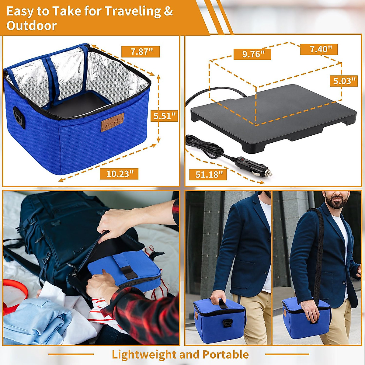 Aotto Portable Oven Electric Lunch Box Food Heater - 12V/24V 2-in-1 Car Food Warmer, Heated Lunch Box for Adults, Cook, Reheat, and Keep Meals Warm for Car, Truck, Travel - Blue