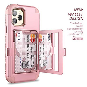 WeLoveCase for iPhone 12/ for iPhone 12 Pro Wallet Case with Credit Card Holder & Hidden Mirror, Defender Three Layer Shockproof Heavy Duty Cover for iPhone 12/ for 12 Pro 2020, 6.1 inch Rose Gold