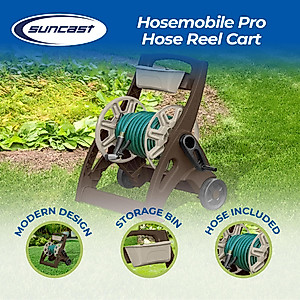 Suncast Hosemobile Portable Garden Hose Reel Cart with Wheels, Crank Handle, and Storage Tray for Gardening Accessories, 225' Hose Capacity, Mocha