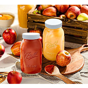 Regular Mouth Mason Jars 32 oz - (2 Pack) - Ball Regular Mouth 32-Ounces Quart Mason Jars with White M.E.M Food Storage Plastic Lids, Caps Fit Ball and Kerr Regular Mouth - For Storage, Freezing, Leak