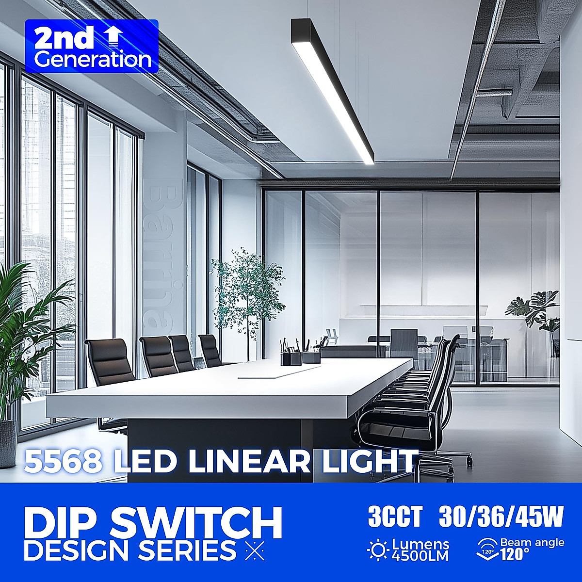 Barrina 5568 DIP Switch Series 4FT LED Linear Light, 2nd-Generation, Seamless Connection, 30/36/45W, Color Changeable 2700K/4000K/5000K, Dimmable Light Fixture for Office and Shop, Black, 4 Packs