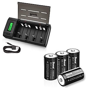 BONAI LCD Universal Battery Charger for AA, AAA, C, D, 9V Ni-MH Ni-CD Rechargeable Batteries with Rechargeable D Cells 10,000mAh 1.2V Ni-MH High Capacity High Rate D Size Battery (4-Counts)
