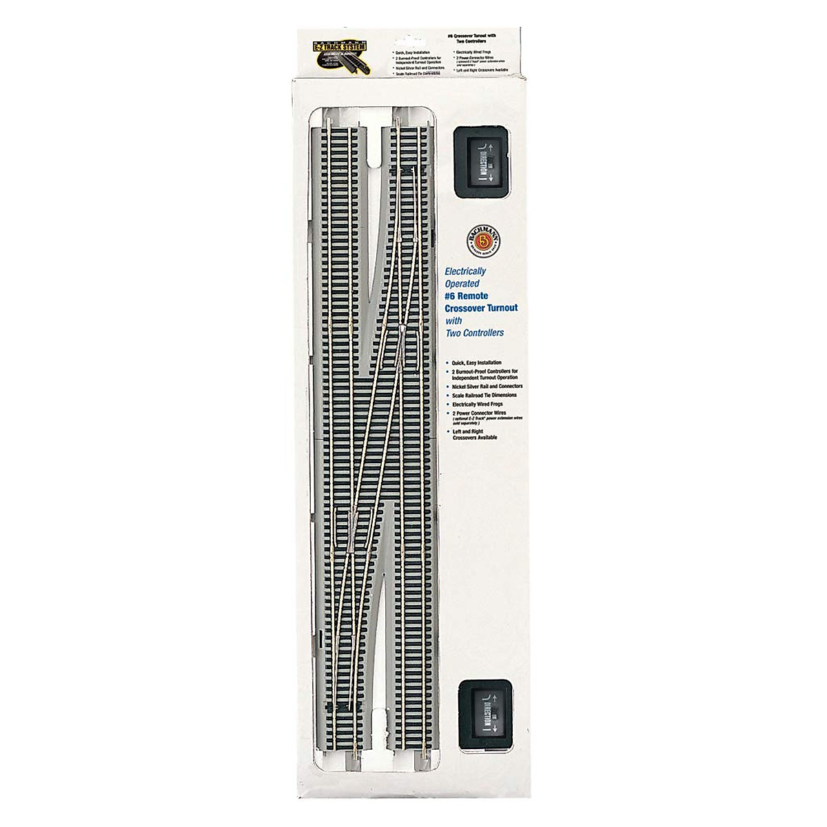Bachmann Trains - Snap-Fit E-Z TRACK #6 REMOTE CROSSOVER TURNOUT - RIGHT (1/box) - NICKEL SILVER Rail With Gray Roadbed - HO Scale