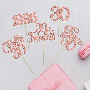 Gyufise 30Pcs 30th Birthday Cupcake Toppers Glitter Hello 30 Cupcake Topper Cheers to 30 1995 Thirty Cupcake Picks for Happy 30th Birthday Anniversary Party Cake Decorations Rose Gold