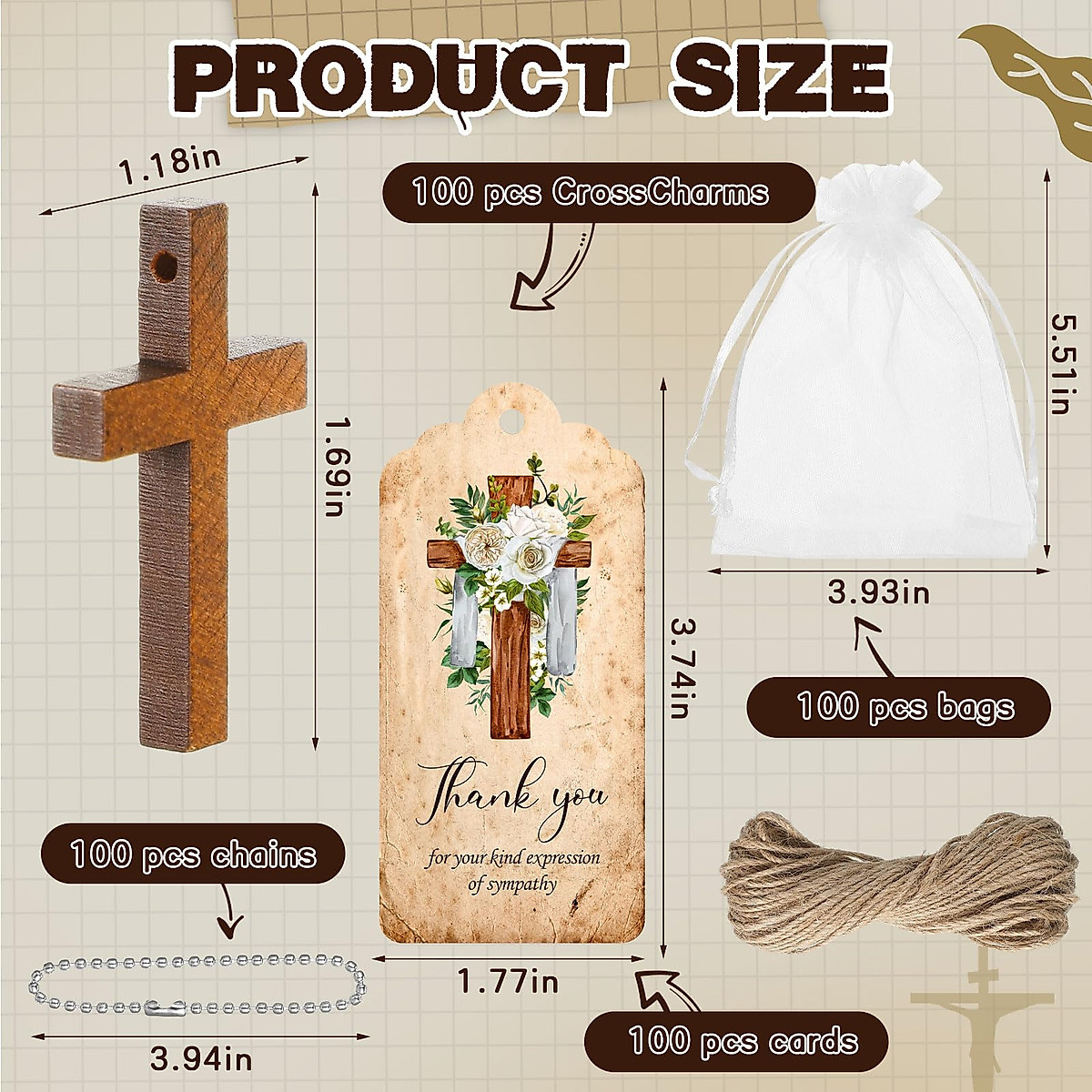 Tradder 100 Set Funeral Favors Set 100 Wooden Cross Keychain 100 Funeral Thank You Cards 100 Organza Bags for Celebration of Life Decorations, Funeral Guest Family Friends Loved Ones (Cross)