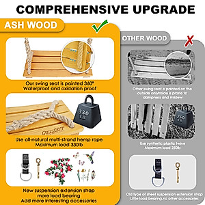 Premkid Wooden Swing, Swing Seat 18"x 8"x 1.4", Tree Swing for Adults and Kids, Indoor Swing with Rose Garland, Adjustable Hemp Rope Plus Tree Straps 100 inch, Swing Set for Indoor Outdoor