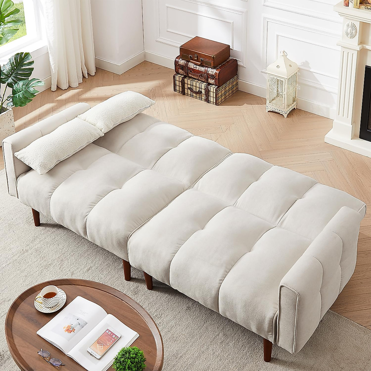 Modern Corduroy Futon Sofa Bed, Convertible Folding Sleeper Sofa, Adjustable Backrest Memory Foam Couch Double Loveseat,Split Leisure Chair & Double Lounge Chair,Accent Chair (Light Ivory)