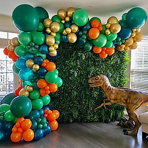 135pcs Jungle Party Balloon Arch Green Orange Gold Balloon Garland for Jungle Dinosaur Themed Party Kids Boys Birthday Party and Animal Party Decorations