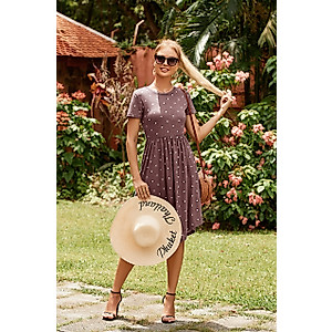 Women Summer Cute Short Sleeve Pocket Midi Knee Casual Dress Polka Dot Brown XXL