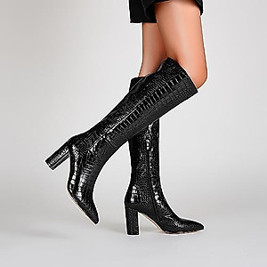 QXYRAUF Knee High Boots Women's Faux Crocodile long boots high heel boots GoGo Tall Boots Block Heel Pointed Toe Boots