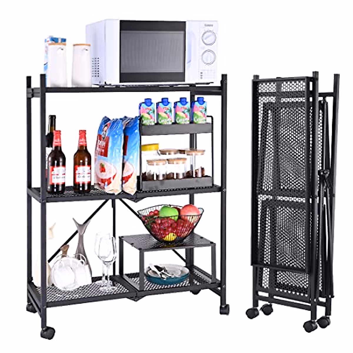 RokiaTek 3-Shelf Foldable Storage Shelves with Wheels, Large Capacity Metal Standing Shelving Unit, No Assembly Heavy Duty Organizer Rack for Kitchen, Garage, Basement, Pantry, Matte Black