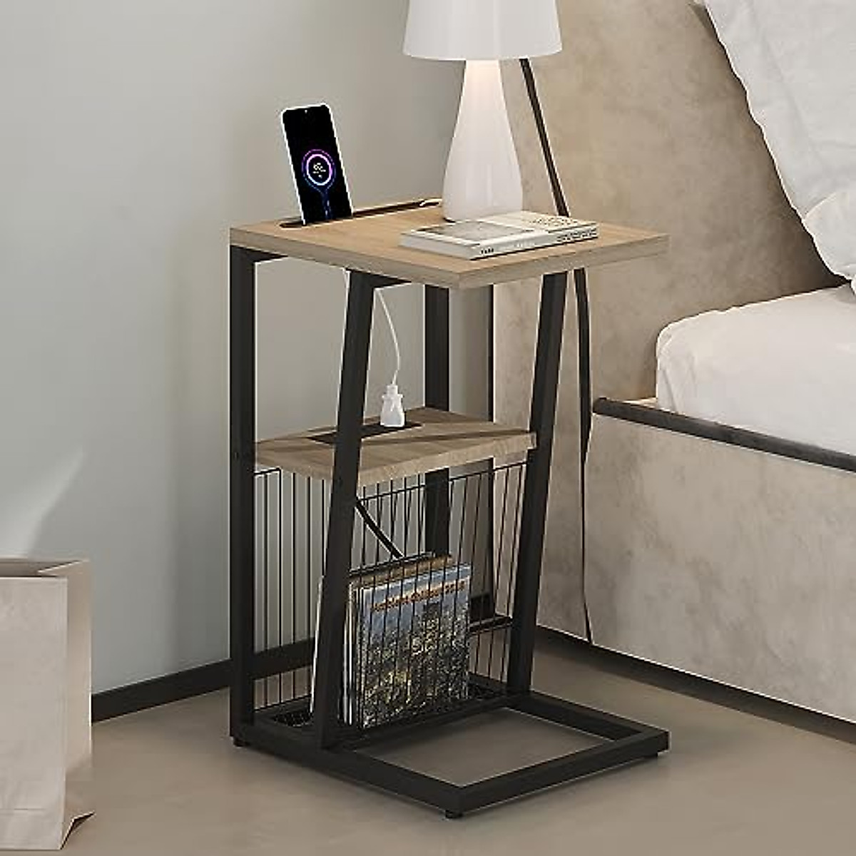 Heybly Side Table C Shaped Nightstand End Sofa Table with Charging Station, Phone Holder, 2 USB Ports and Power Outlets, Snack Couch Tables for Small Spaces, Greige and Black HET001CSG1