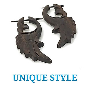 UMBRELLALABORATORY Tribal Organics Earrings Wooden Tropical Feathered Style Fake Gauges