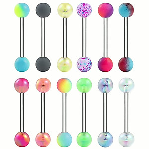 Riuziyi 24Pcs Tongue Rings for Women Candy Color Ball Tongue Nipple Piercing 14G Surgical Steel Barbell Tongue Retainer Body Jewelry Bar Length 16mm (Style2-24Pack)