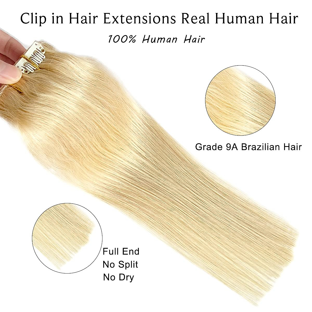 Clip in Hair Extensions Real Human Hair, Bleach Blonde Real Hair Extensions Clip in Human Hair, 7 Pieces 70G Double Wefts Remy Human Hair Clip in Extensions 16 Inch Clip-ins for Fine Hair Women