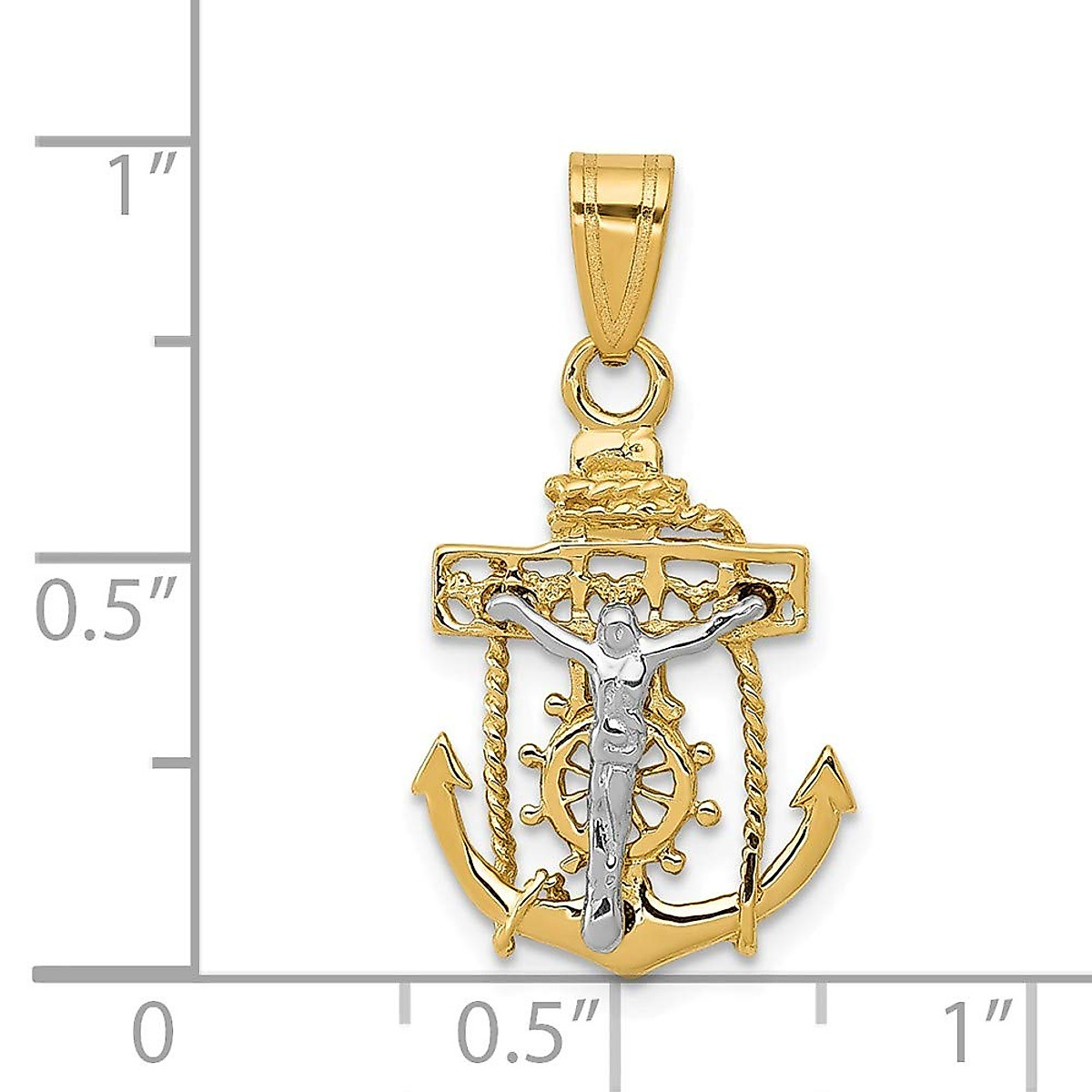 Solid 14k Yellow and White Gold Two Tone Anchor Mariners Cross Pendant Jesus Crucifix Charm SMALL - 1" - 25mm x 15mm