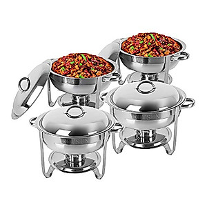 ROVSUN 5 Qt 4 Packed Full Size Stainless Steel Chafing Dish Buffet Set, Silver Round Catering Warmer Set with Food and Water Trays, Mirror Cover, Thick Stand Frame for Kitchen Party Banquet