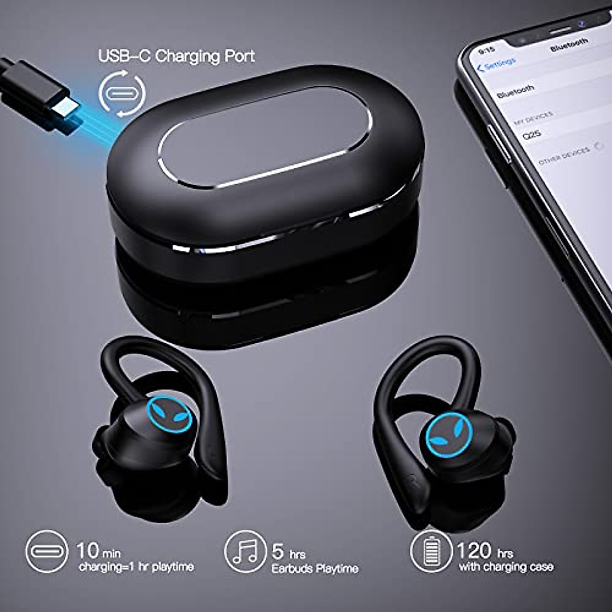 Wireless Earbuds Bluetooth Headphones 60H Playtime Ear Buds Bluetooth Earphones in-Ear Noise Cancelling Earbud with Mic, IPX7 Waterproof Ear Buds with Earhooks for Sports Laptop Gaming Blk