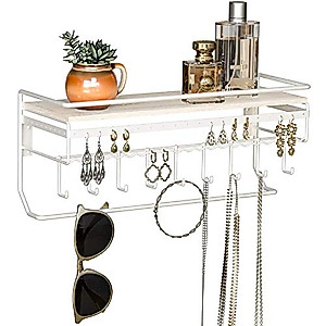 JackCubeDesign Hanging Jewelry Organizer with 9 Hooks, Wall Mount Necklace Earring Bracelet Sunglass Holder with Wood Shelf (White Metal) - MK237D