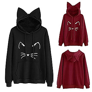 Women Teen Girls Cat Hoodie Sweatshirt Sweater Coats Cute Cat Ear Sleeping Cat Printed Pullover Long Sleeve Sweatshirt
