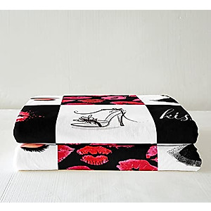 Beauty Girls Throw Blanket Fashion Red Lips and High Heels Bed Blankets Kids Teens Women Living Room Black White Check Fleece Blanket Modern Lady Makeup Sherpa Blanket,for Chair/Sofa,60"×80"