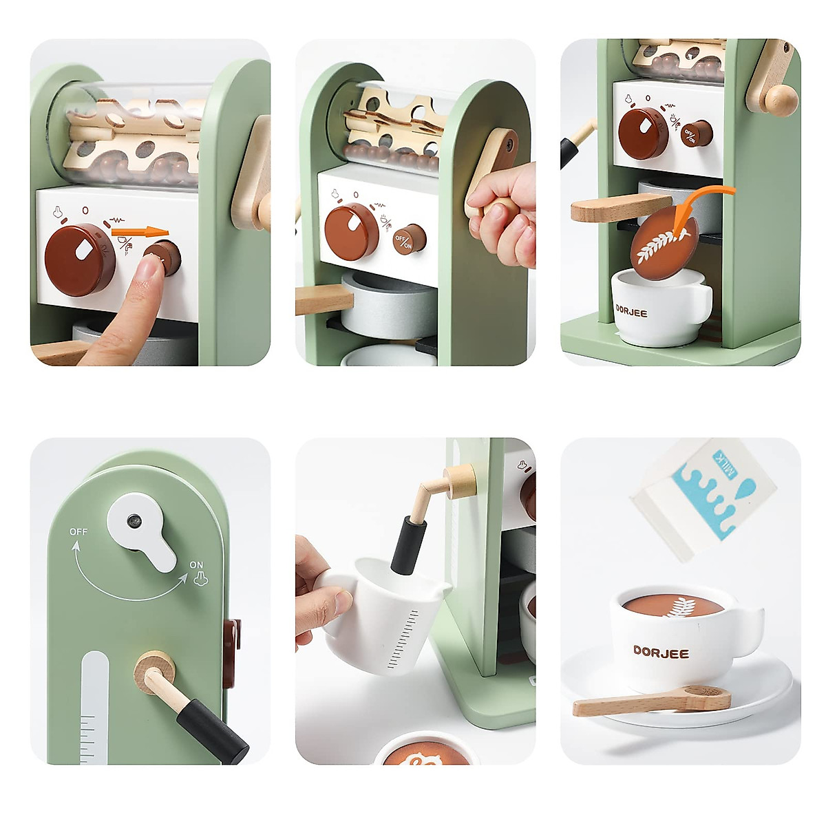 Dorjee Kids Coffee Maker Playset with Grinder, Play to learn Coffee Making Routine, Stimulates Imaginative Pretend Play and Life Skills, Gifts for Toddler Girls and Boys, 14pcs in Wood