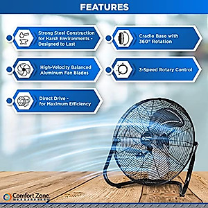 Comfort Zone CZHV18BK 18” 3-Speed High-Velocity Cradle/Floor Fan with 180-Degree Adjustable Tilt, Convenient Carry Handle, and Rubber Feet for Stability, Black