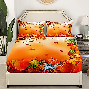 Fall Pumpkin Bed Sheets Set Halloween Themed Sheet Set Boys Girls Maple Leaves Decor Sheets with Deep Pocket Fitted Sheet Microfiber Pumpkin Festival Bed ing Set Bed OOM Full Size