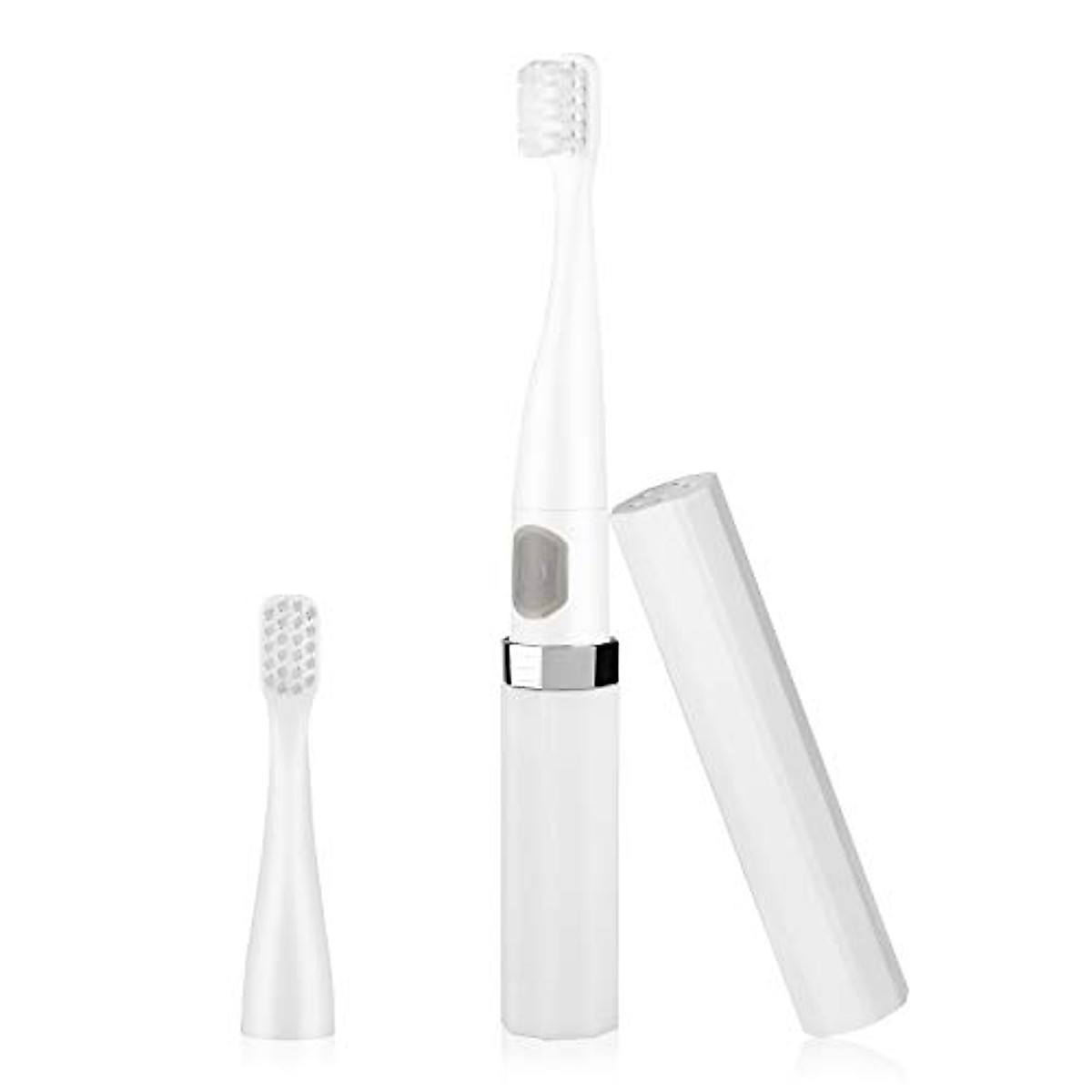 Meafeng Travel Electric Toothbrush with 2 Brush Head 2 Modes Waterproof Sonic Toothbrush by Battery Powered Portable Mini Design for Daily Oral Care Business Travelling and Holiday Use (White)