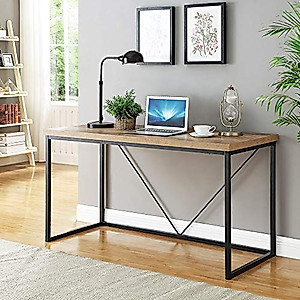 FOLUBAN Rustic Industrial Computer Desk,Wood and Metal Writing Desk, Vintage PC Table for Home Office, Oak 55 inch