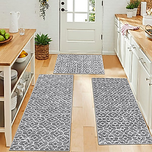 Ileading Kitchen Rugs Sets 3 Piece with Runner Soft Boho Kitchen Floor Mat Farmhouse Laundry Room Rugs and Mats Set Non Skid Washable for Kitchen Floor Office Sink Hallway